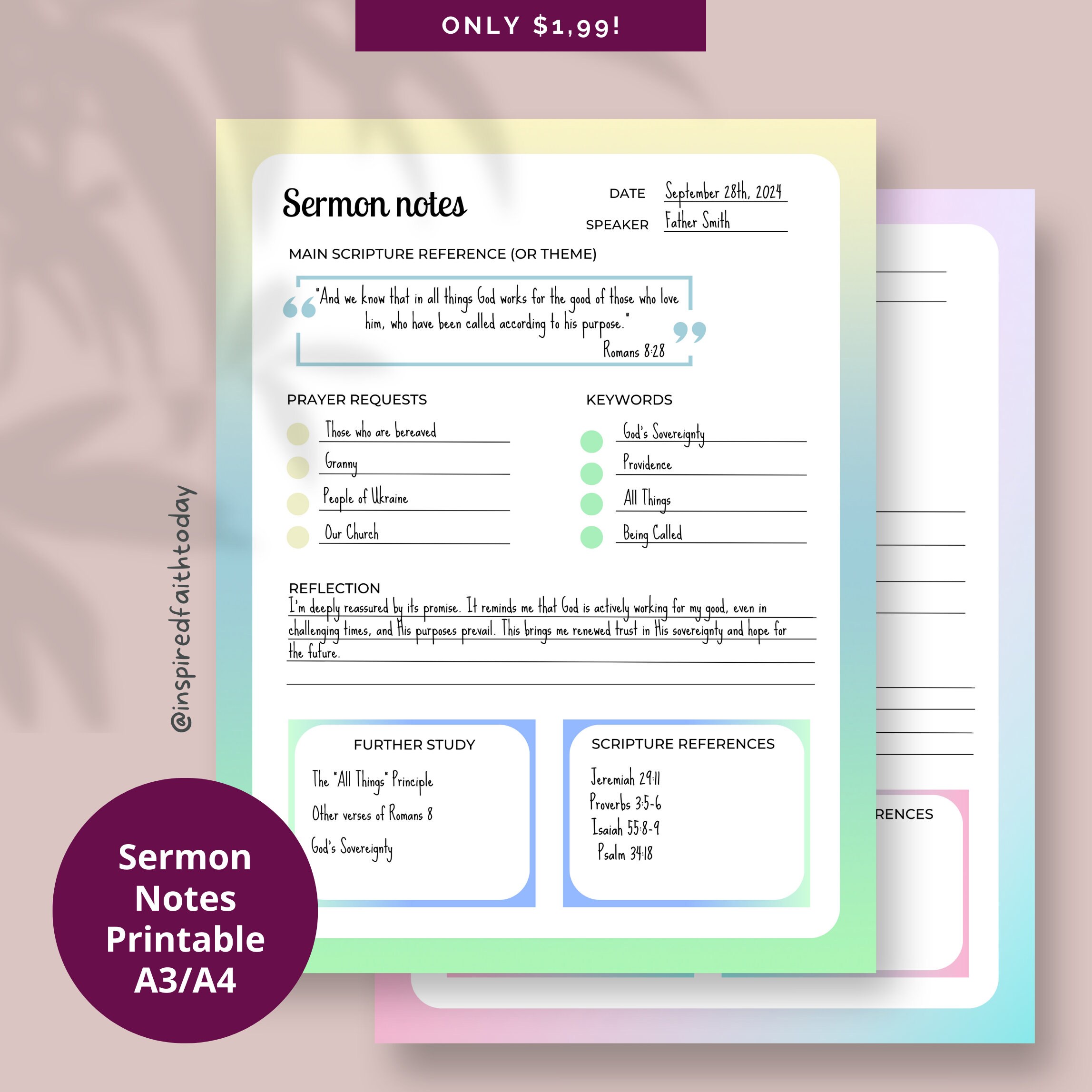 Sermon Notes Template - Bible Study Printable - Digital Church Notes ...