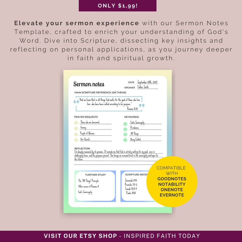 Sermon Notes Template - Bible Study Printable - Digital Church Notes ...