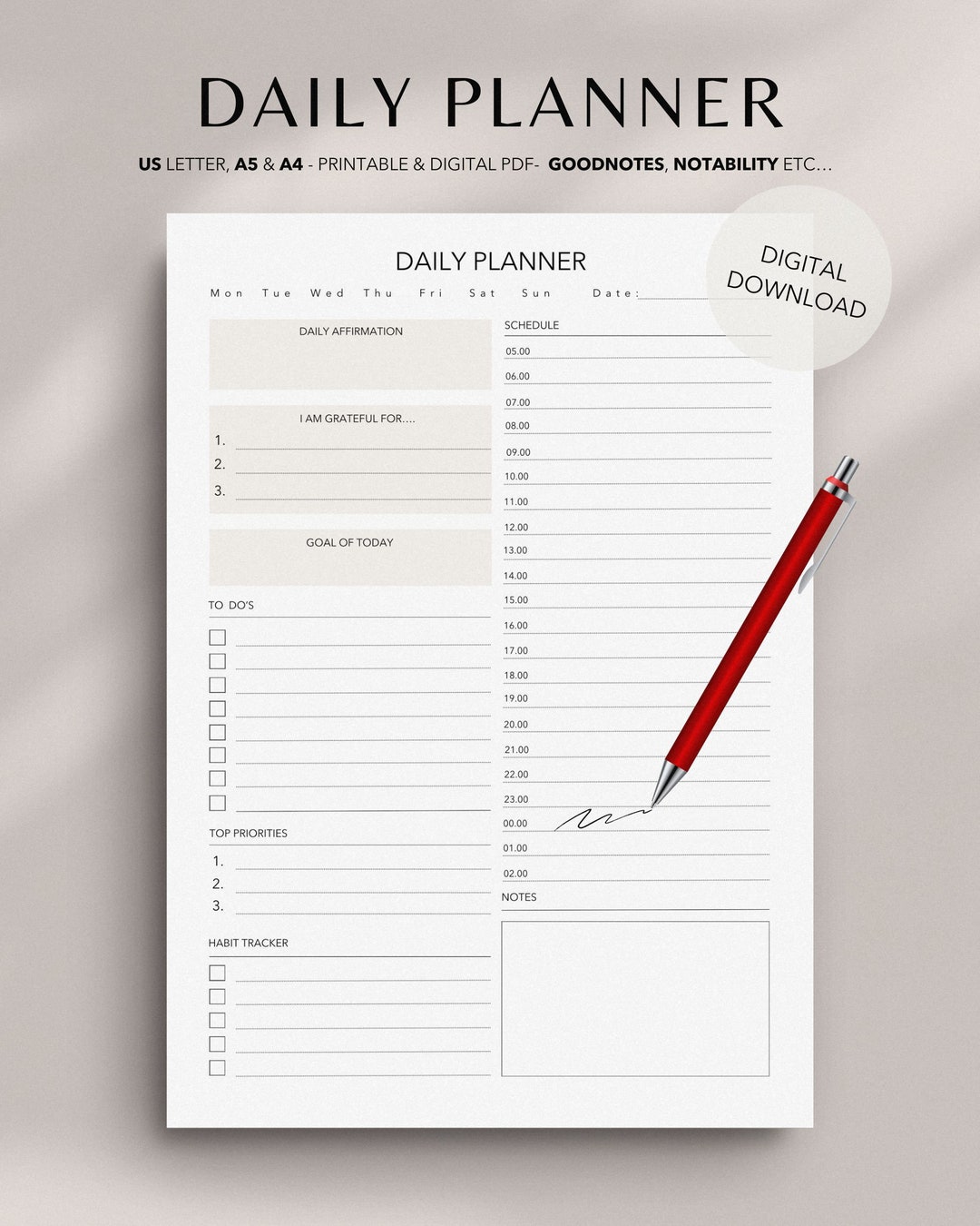 Minimalistic Digital Daily Planner, Daily Gratitude and Positivity ...