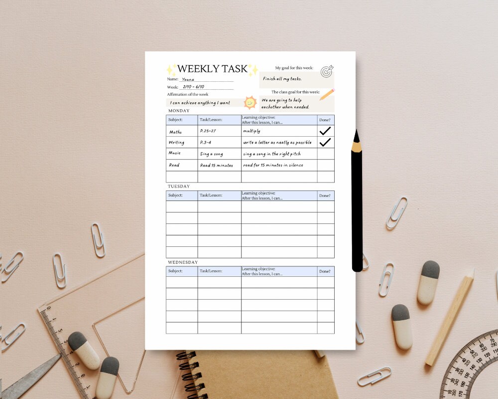 Weekly Task, Weekly Planner, Kids Planner, to Do List, School Planner ...