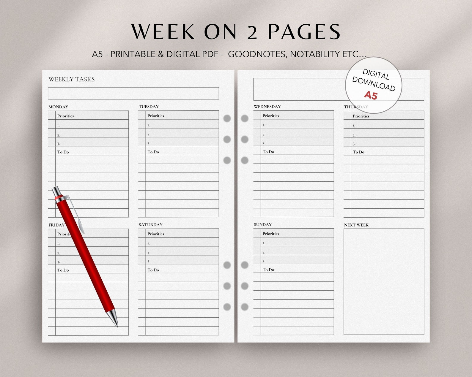 Week on 2 Pages, WO2P, Weekly Planner, Planner Inserts, A5, Printable ...