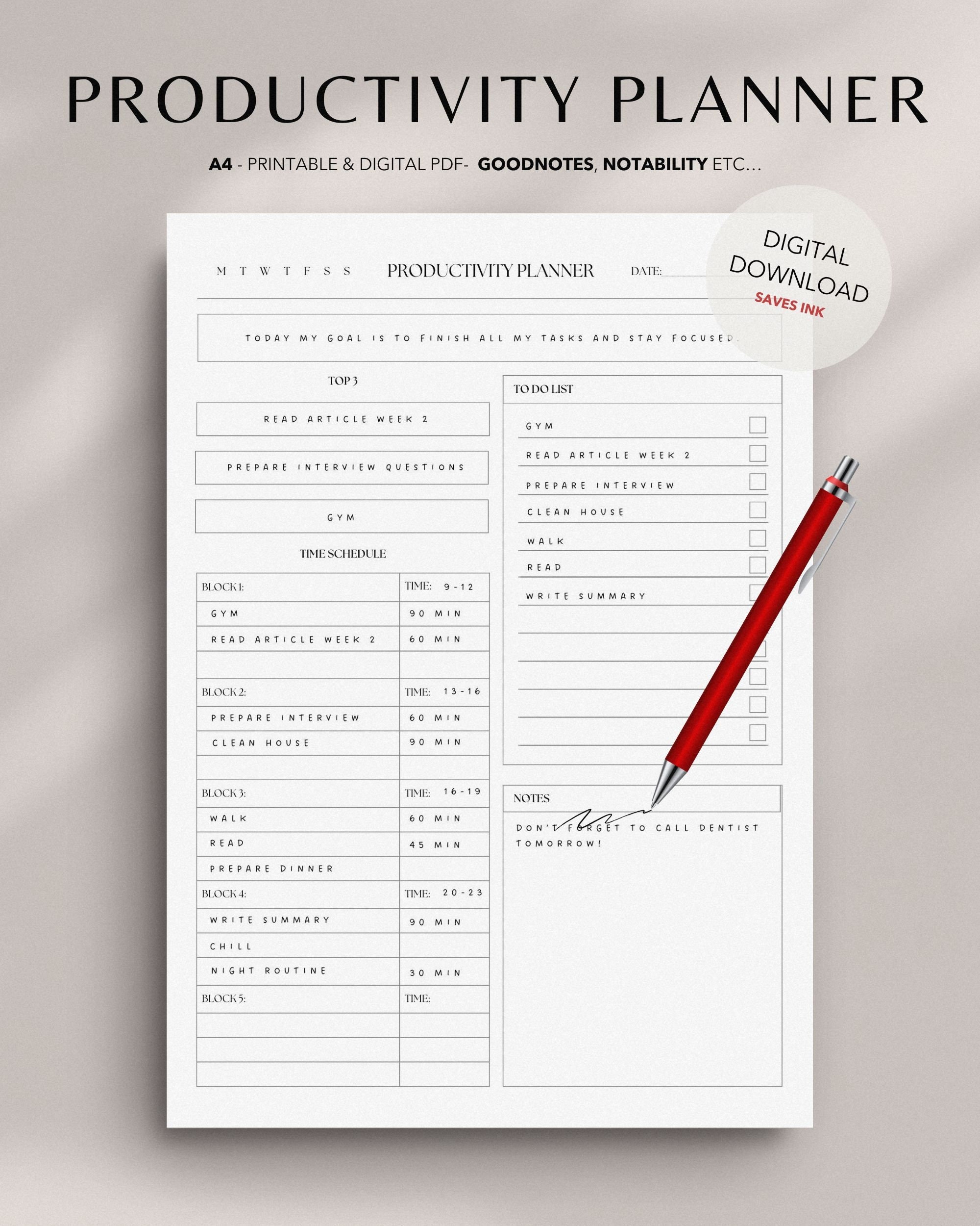 Productivity Planner, Printable Planner, Digital Daily Planner ...