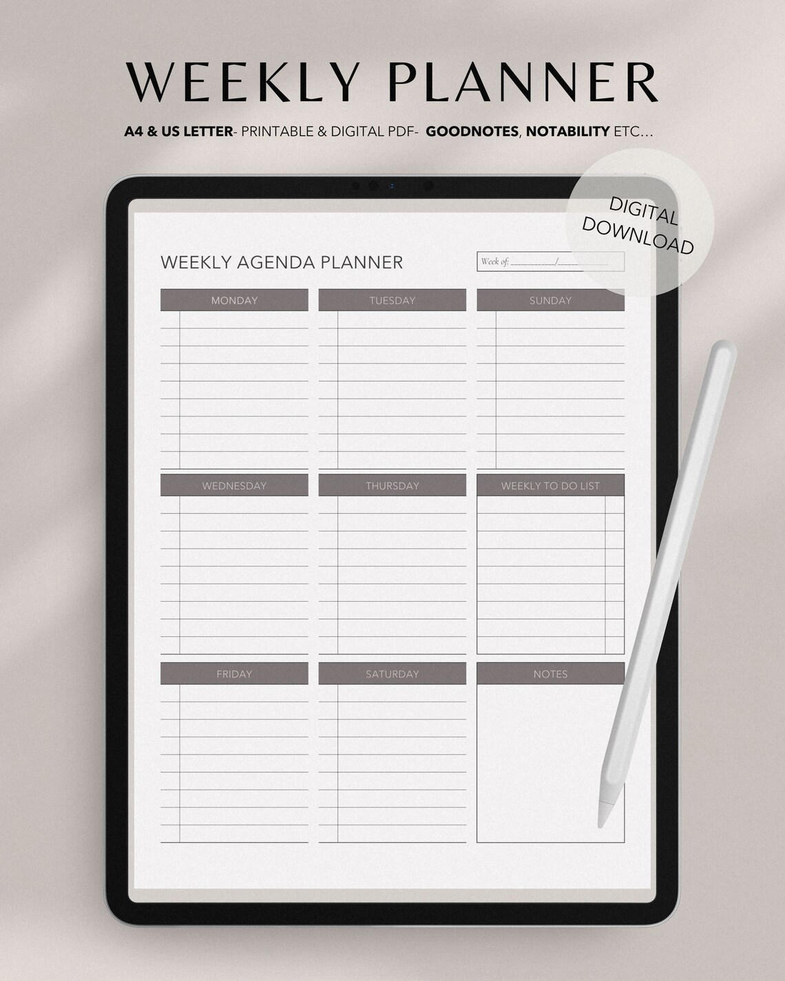 Digital Weekly Planner, Goodnotes Planner, Printable Planner, Simple ...