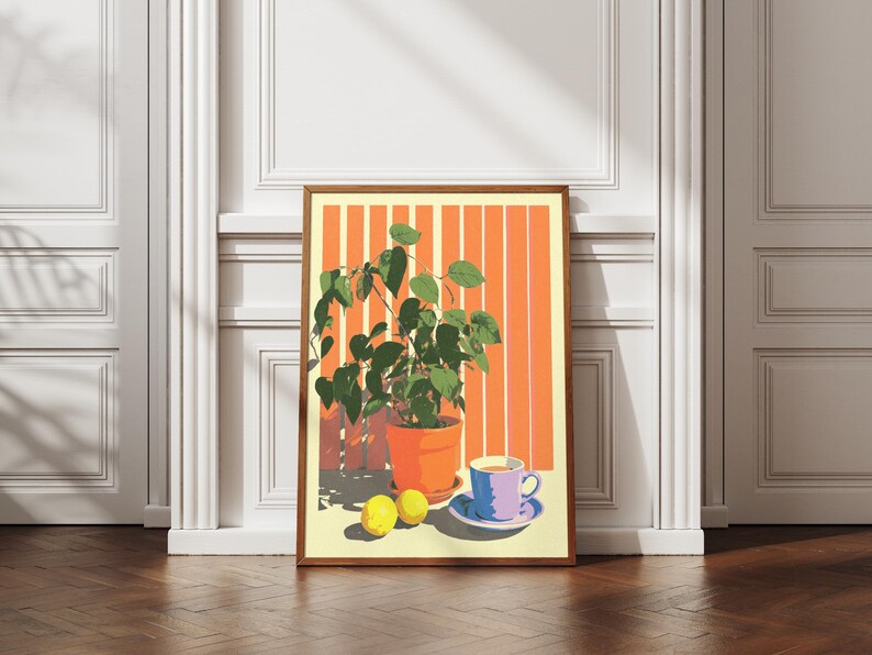 Mid Century Modern Potted Plant and Citrus Lemon Art Print, Retro ...