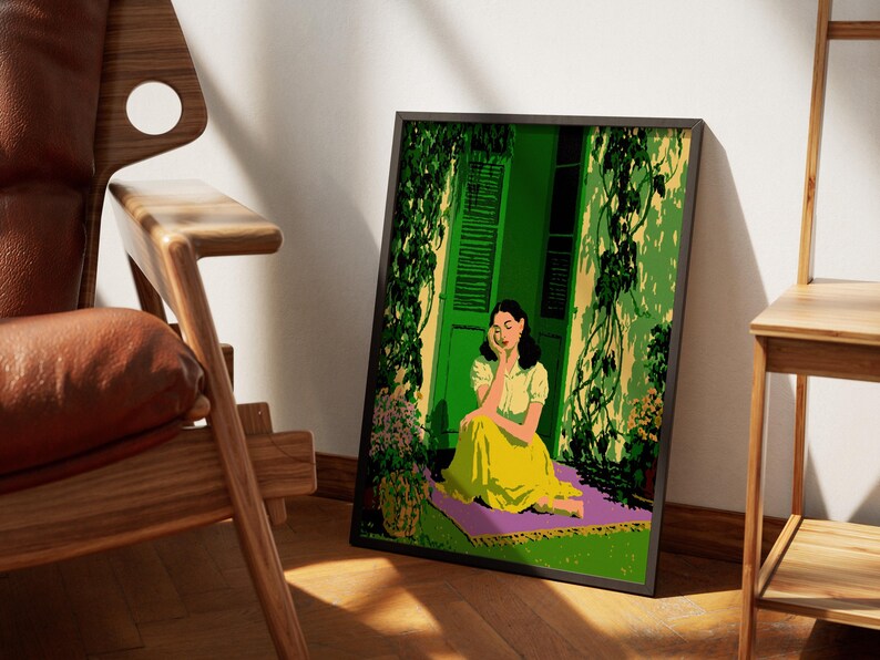 Woman Green Door Print, Vintage Style Illustration, Mid Century Wall ...