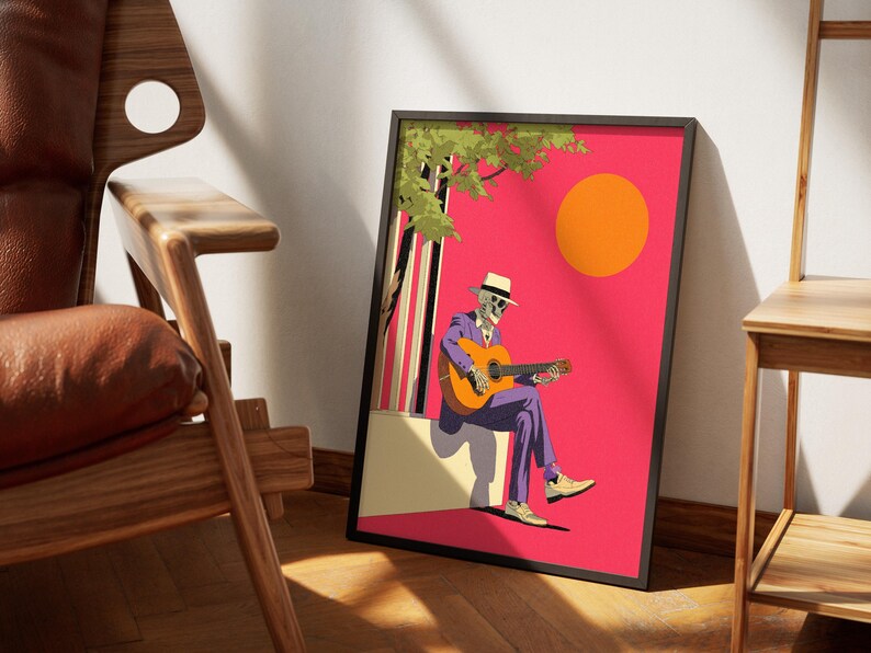 Surreal Skeleton Guitarist Print, Vibrant Pop Art Music Poster, Framed ...