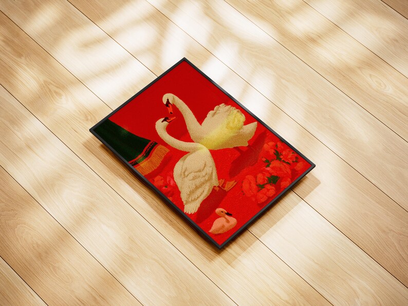 Framed Swan Family Print, Vintage Naive Art, Romantic Gallery Wall ...