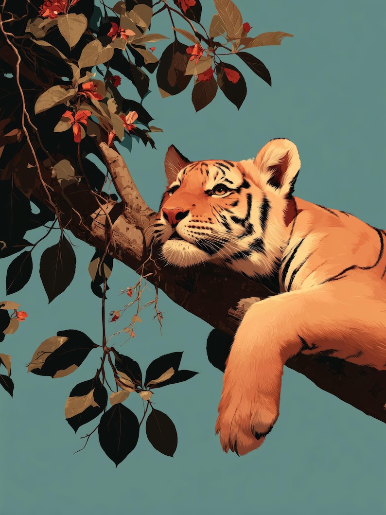 Tiger Cub Resting on Branch Art Print, Jungle Nursery Decor, Modern ...
