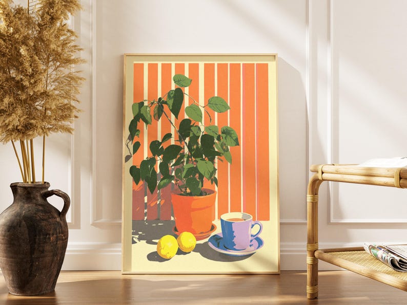 Mid Century Modern Potted Plant and Citrus Lemon Art Print, Retro ...