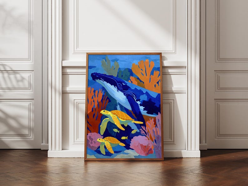Framed Whale Turtle Reef Print, Colorful Ocean Marine Life Wall Art - Etsy