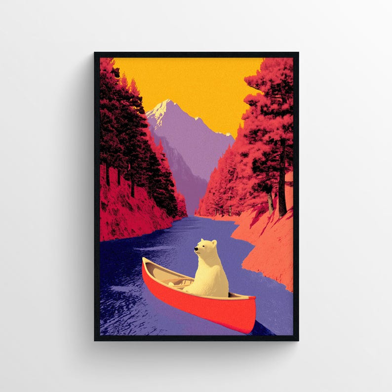 Framed Polar Bear Canoe Print, Surreal Nature Landscape, Colorful Pop ...