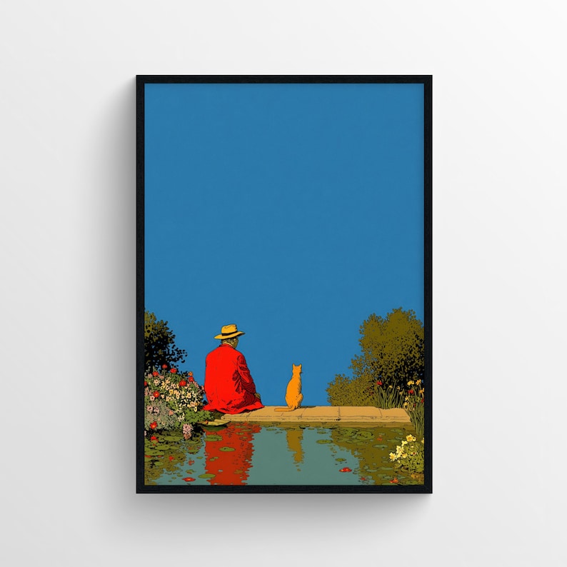Man and Cat Illustration, Vintage Comic Style Print, Peaceful Pond ...