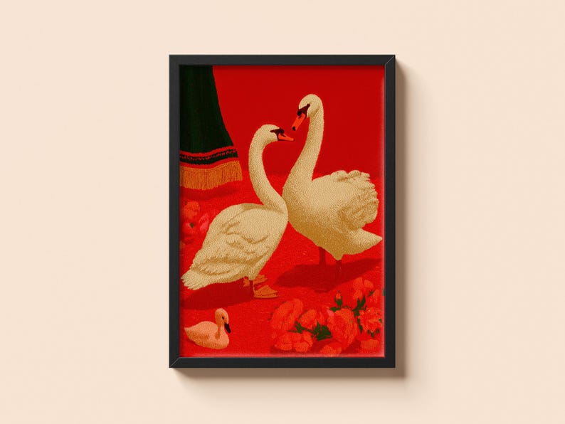 Framed Swan Family Print, Vintage Naive Art, Romantic Gallery Wall ...