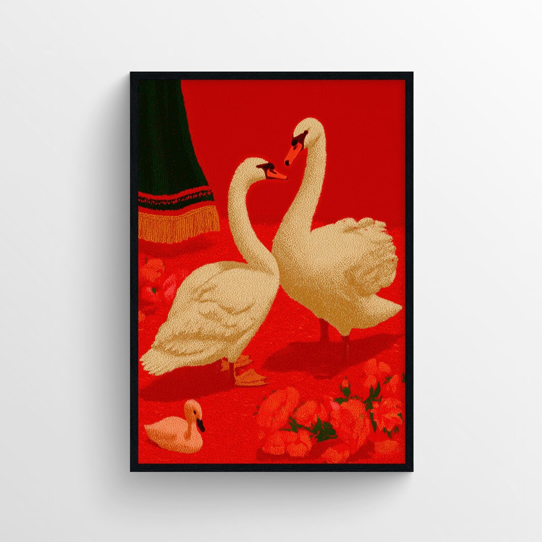 Framed Swan Family Print, Vintage Naive Art, Romantic Gallery Wall ...
