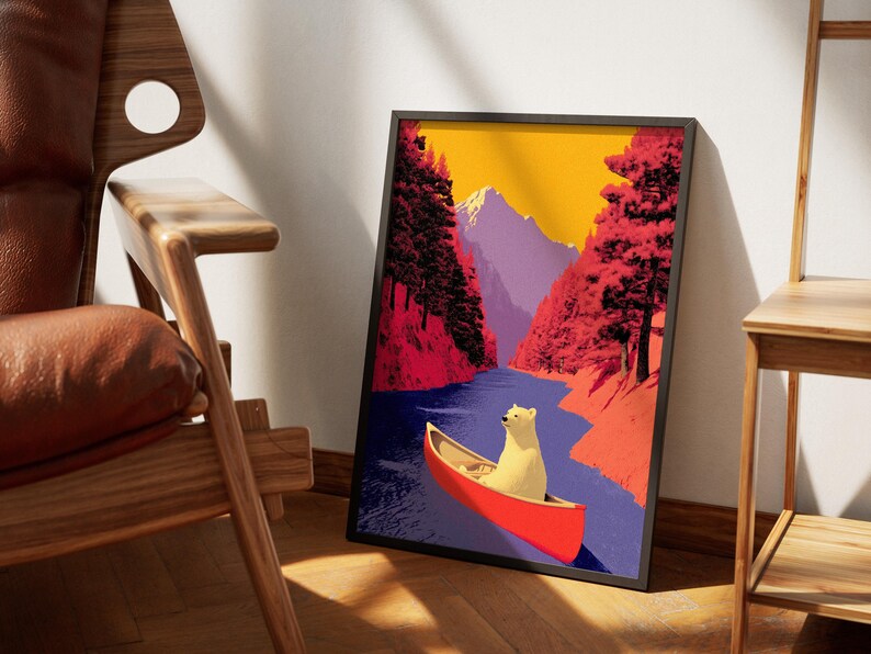 Framed Polar Bear Canoe Print, Surreal Nature Landscape, Colorful Pop ...