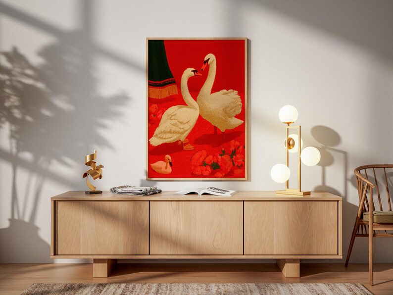 Framed Swan Family Print, Vintage Naive Art, Romantic Gallery Wall ...
