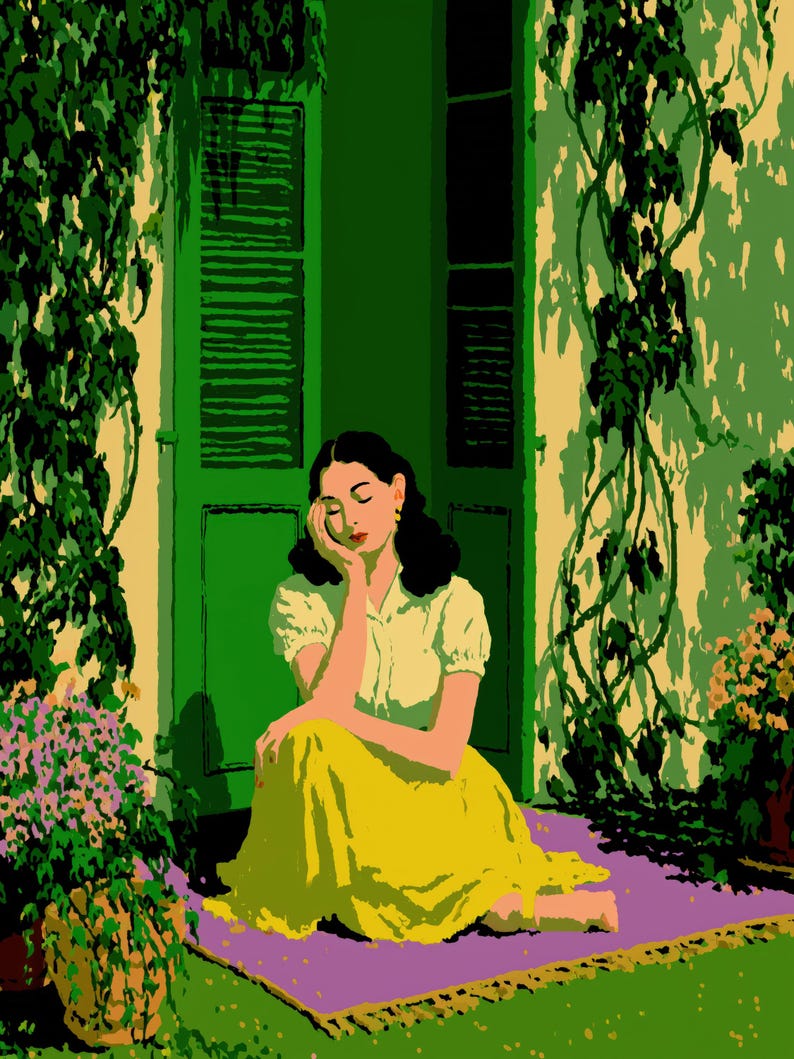 Woman Green Door Print, Vintage Style Illustration, Mid Century Wall ...