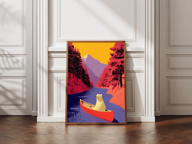 Framed Polar Bear Canoe Print, Surreal Nature Landscape, Colorful Pop ...