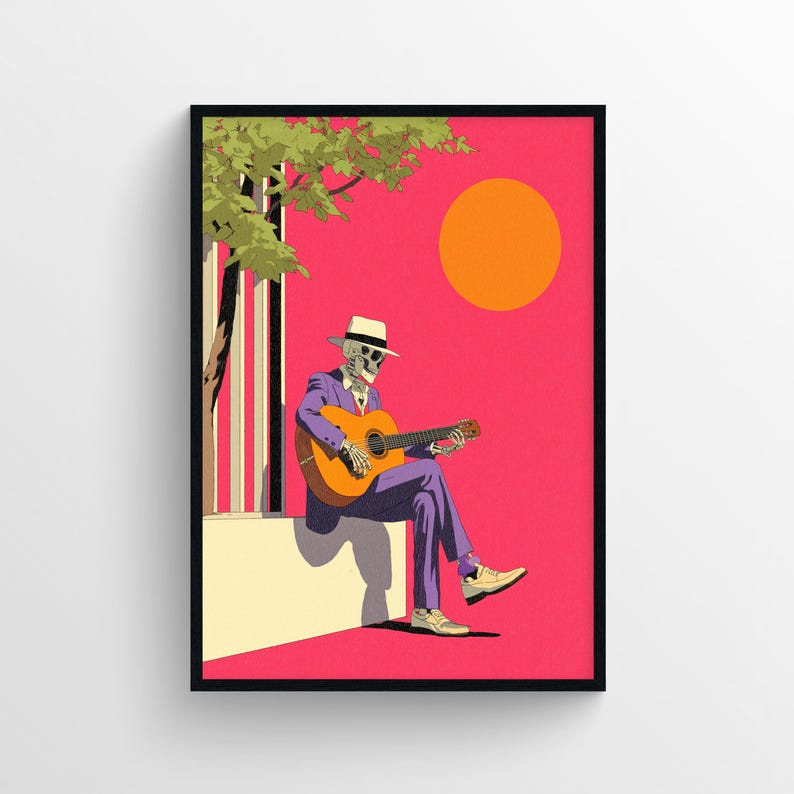 Surreal Skeleton Guitarist Print, Vibrant Pop Art Music Poster, Framed ...