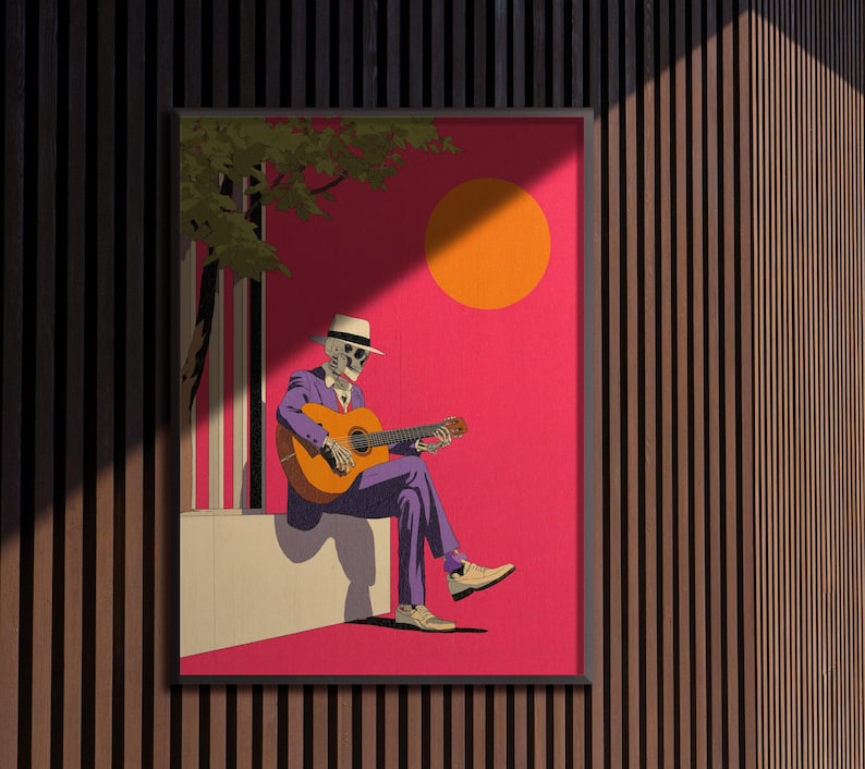 Surreal Skeleton Guitarist Print, Vibrant Pop Art Music Poster, Framed ...