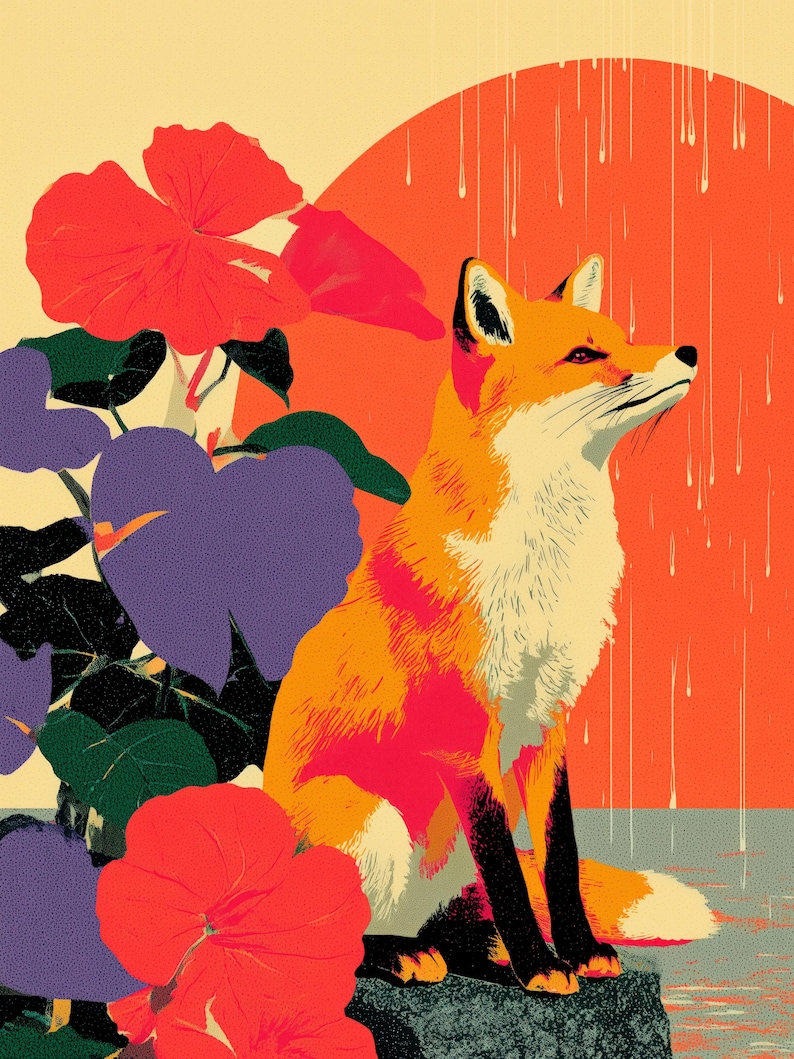 Framed Red Fox Art, Retro Floral Sun Print, Mid Century Japanese Style ...