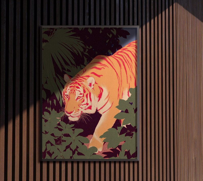 Framed Tiger Jungle Art, Mid Century Modern Botanical Poster - Etsy