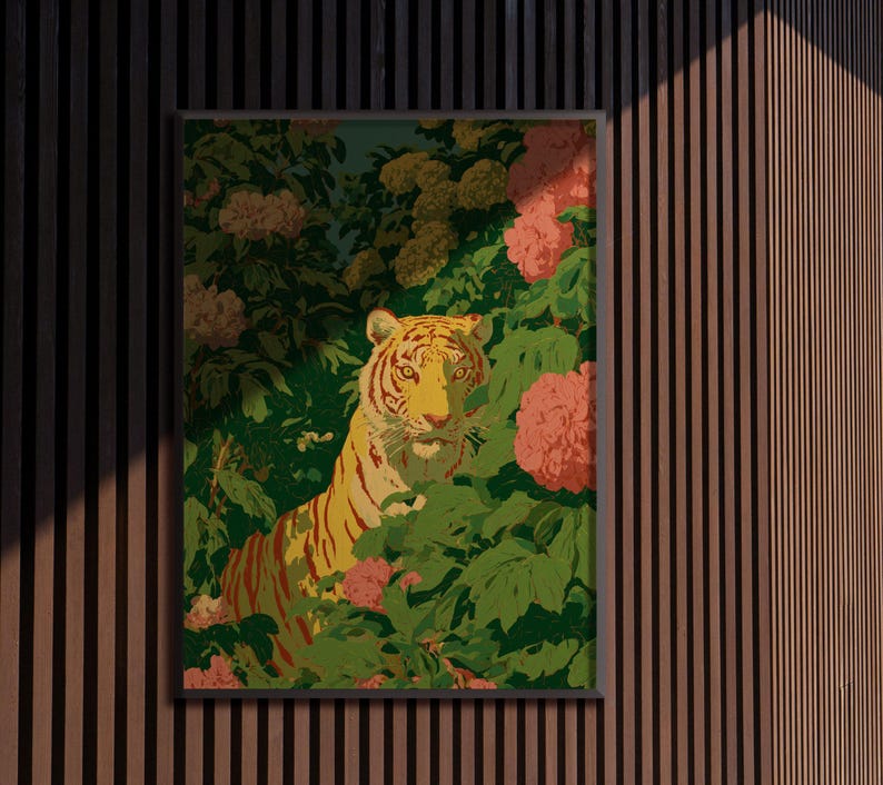 Framed Tiger Jungle Art, Botanical Floral Illustration, Maximalist Boho ...