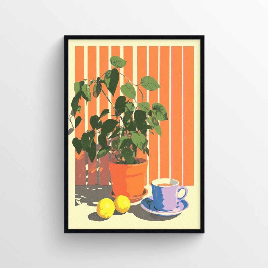 Mid Century Modern Potted Plant and Citrus Lemon Art Print, Retro ...