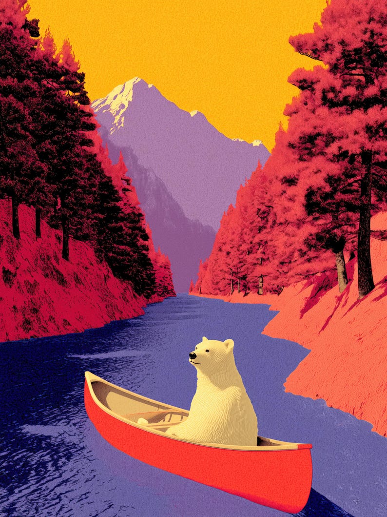 Framed Polar Bear Canoe Print, Surreal Nature Landscape, Colorful Pop ...