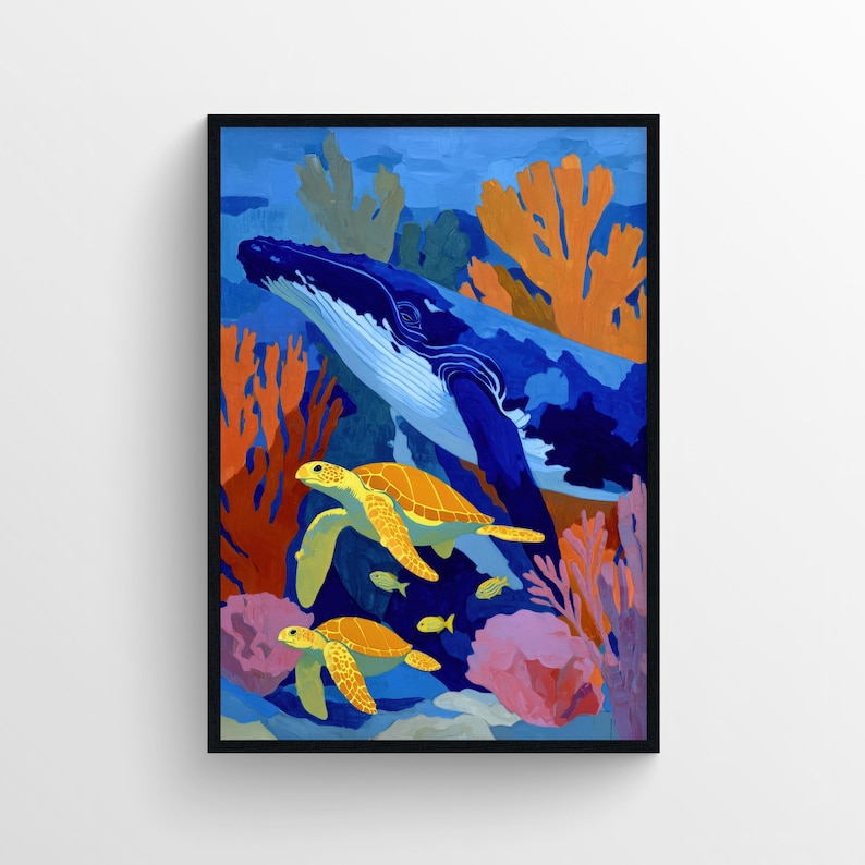 Framed Whale Turtle Reef Print, Colorful Ocean Marine Life Wall Art - Etsy