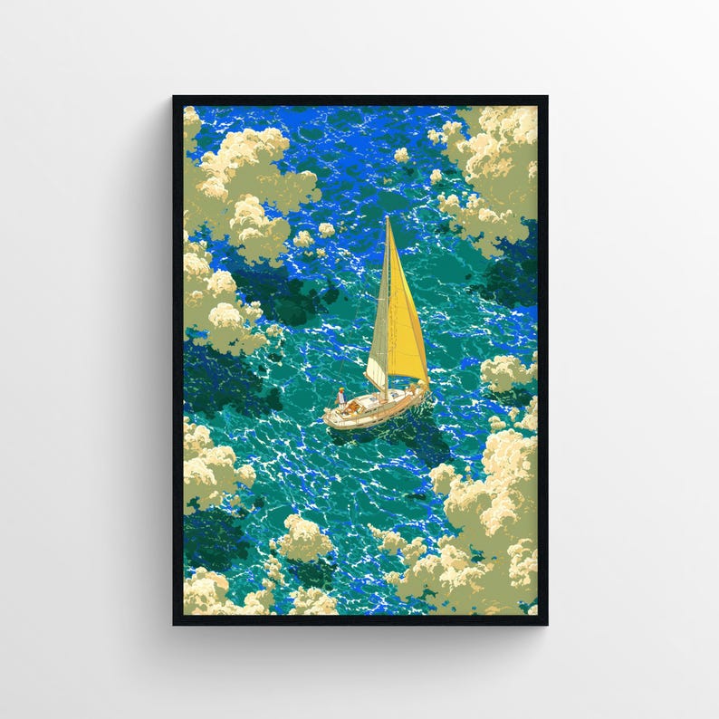 Framed Sailboat Ocean Print, Anime Style Nautical Seascape Wall Art - Etsy