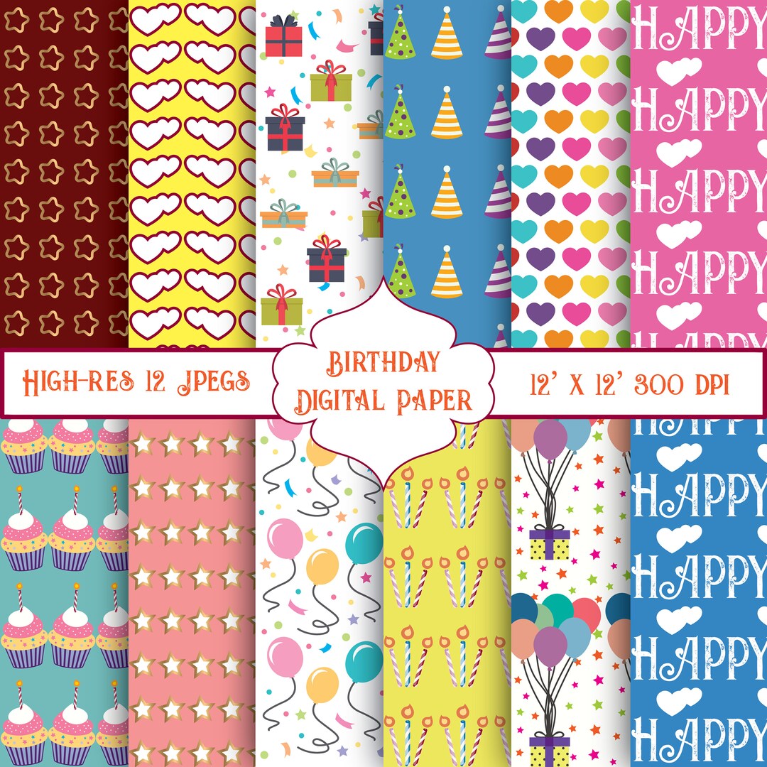 Birthday Digital Paper 12 High-res JPEG Patterns 12x12 - Etsy