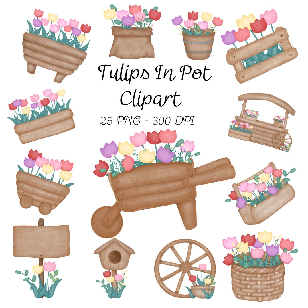 Tulips in Pot, Tulip Clipart, Watercolor Tulips, Floral PNG, Summer ...