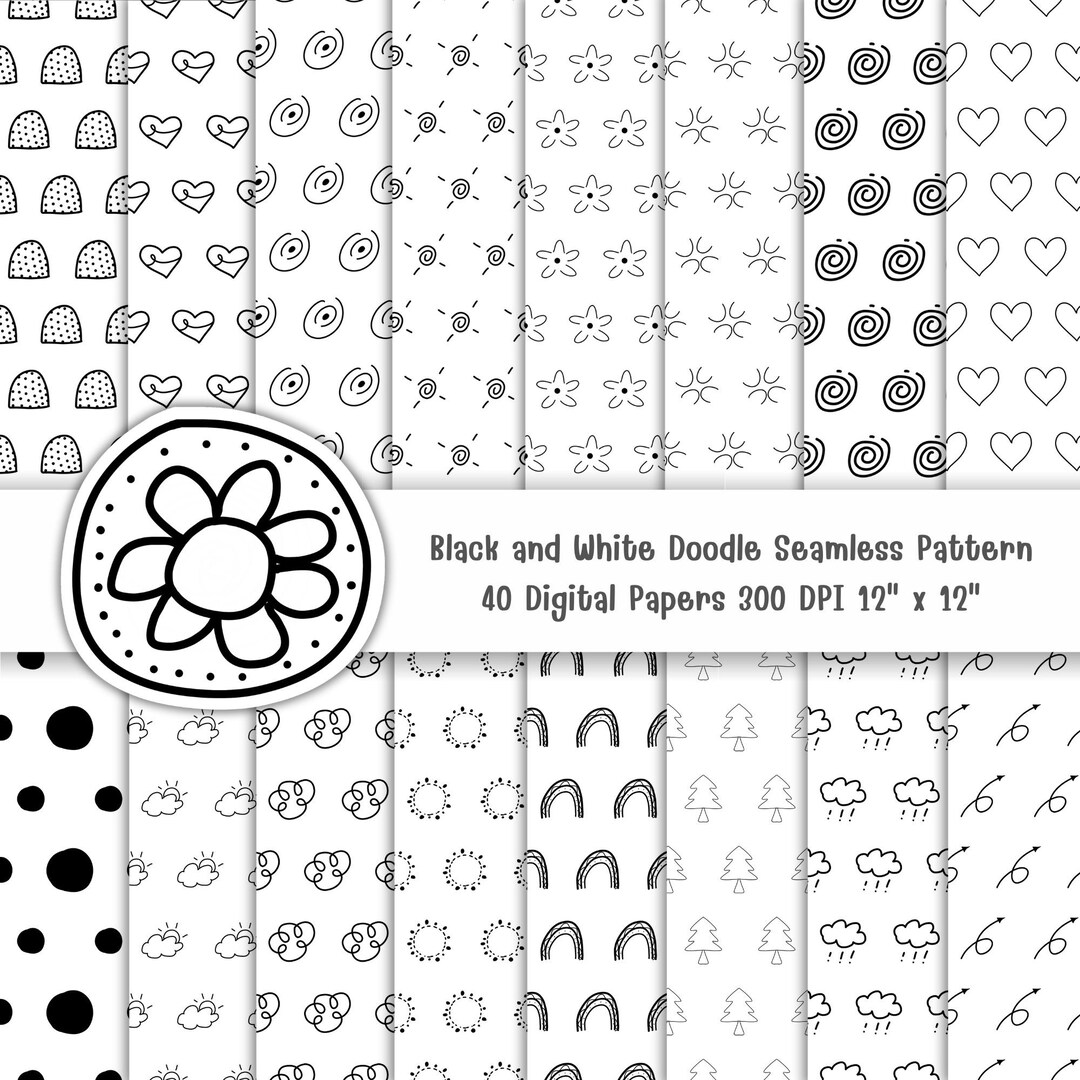 Black and White Doodle Seamless Pattern, Seamless Digital Pattern ...