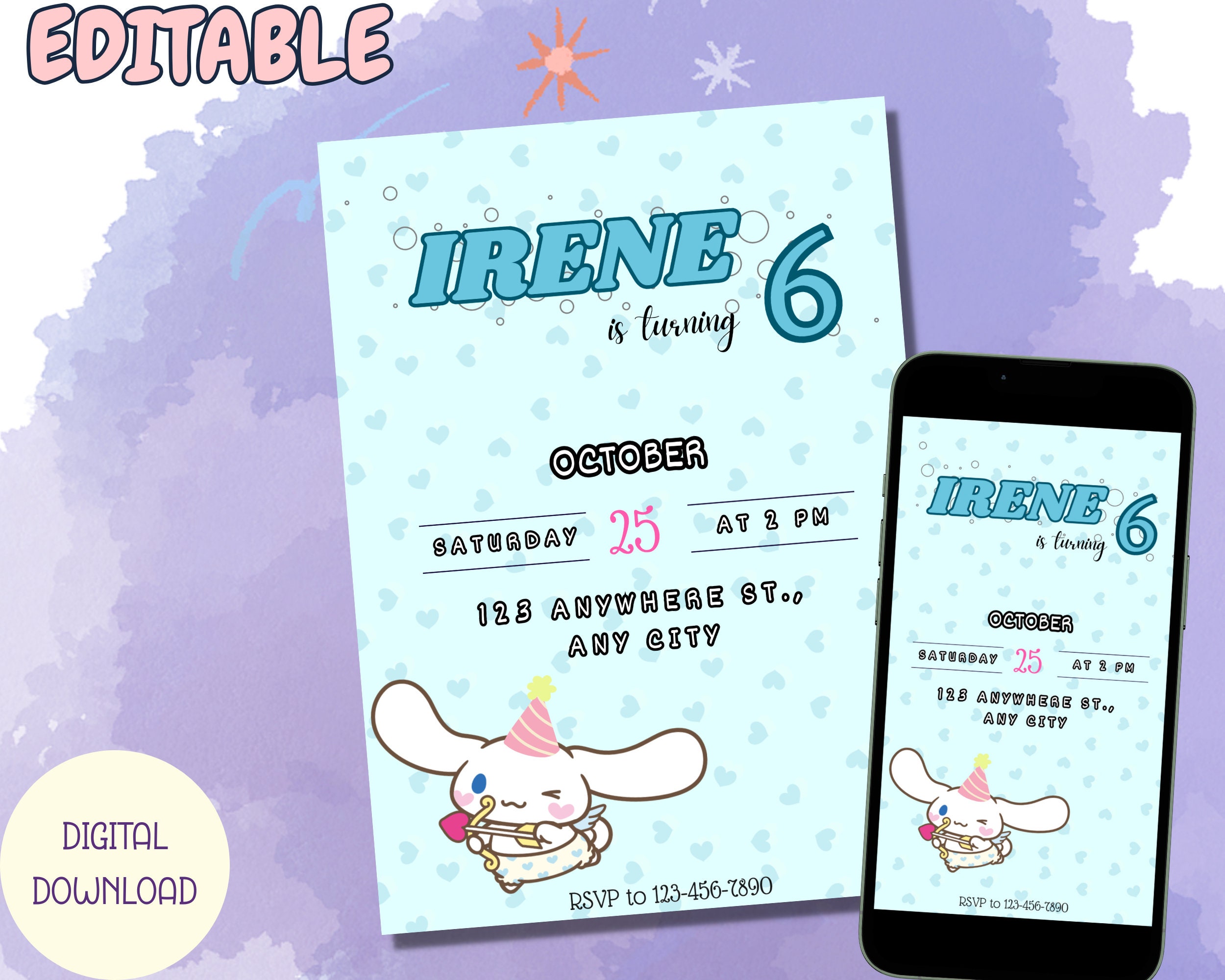 Editable Cinnamon Birthday Invitation, Kitty and Friends Party ...