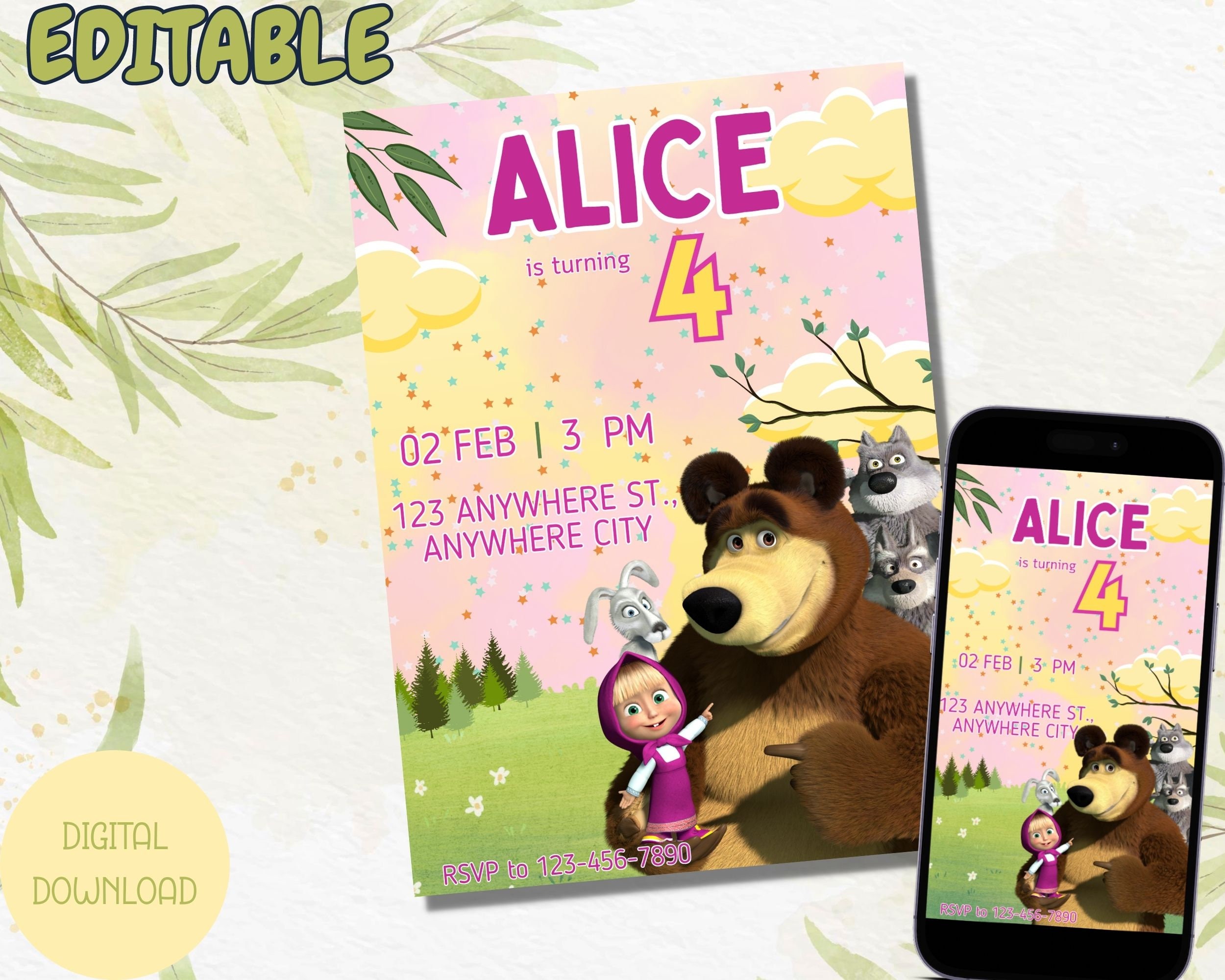 Editable Masha and the Bear Birthday Invitation, Girls Digital ...