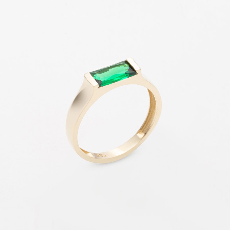 14k Solid Gold Bar Ring Real Gold Emerald Bar Ring Natural Emerald Statement Ring Birthstone ...