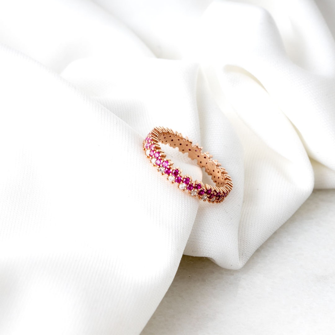 14k Gold Ruby Ring Eternity Band Ring Micro Pave Red Ruby Ring Unique ...