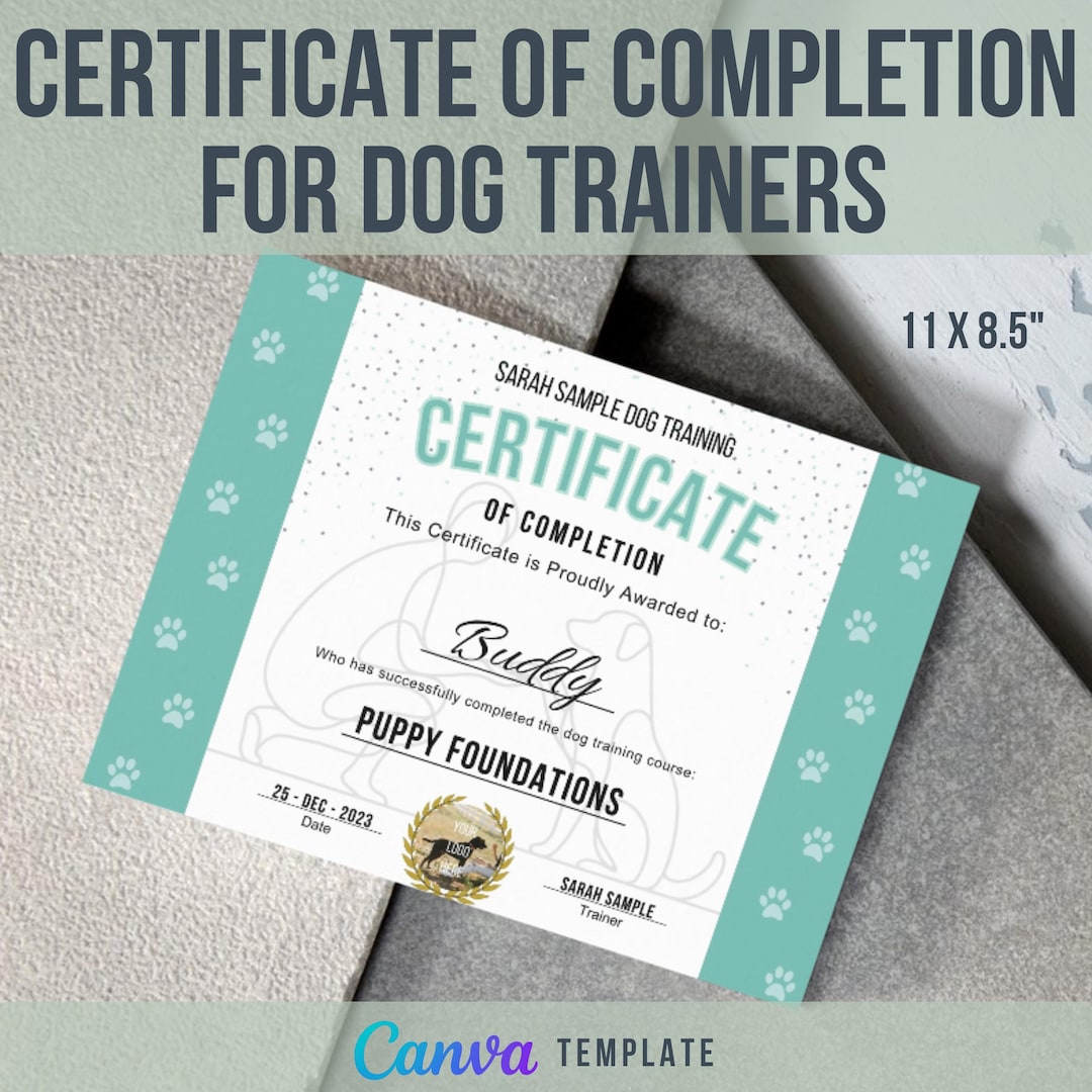 Dog Training Certificate Canva Template Editable Puppy Graduation ...
