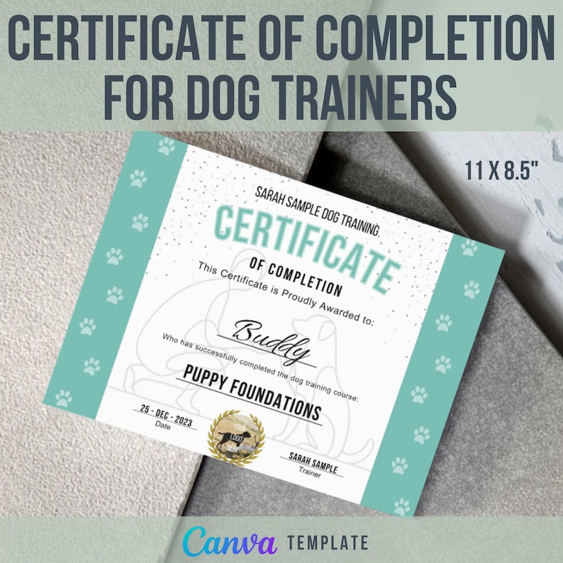 Dog Training Certificate CANVA Template Editable Detection Graduation ...