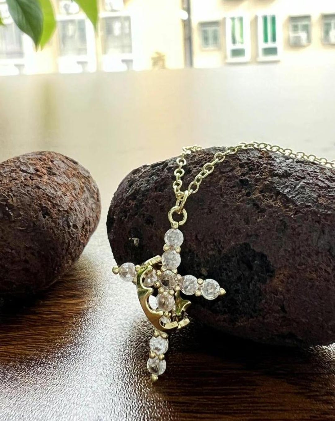 14k Gold Plated Diamond Cross Crown Necklace, Christian Necklace ...