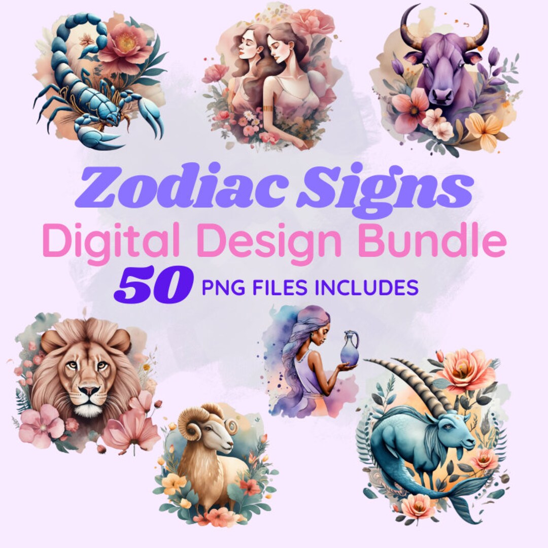 Zodiac Bundle PNG Sublimation Watercolor Horoscope Design Style Star ...