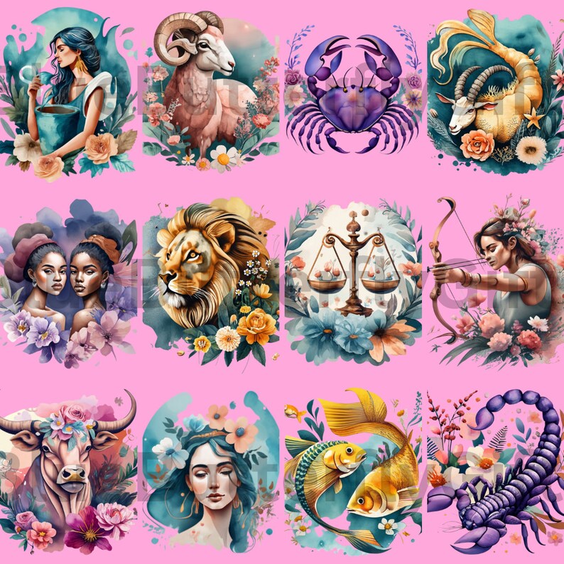 Zodiac Bundle PNG Sublimation Watercolor Horoscope Design Style Star ...