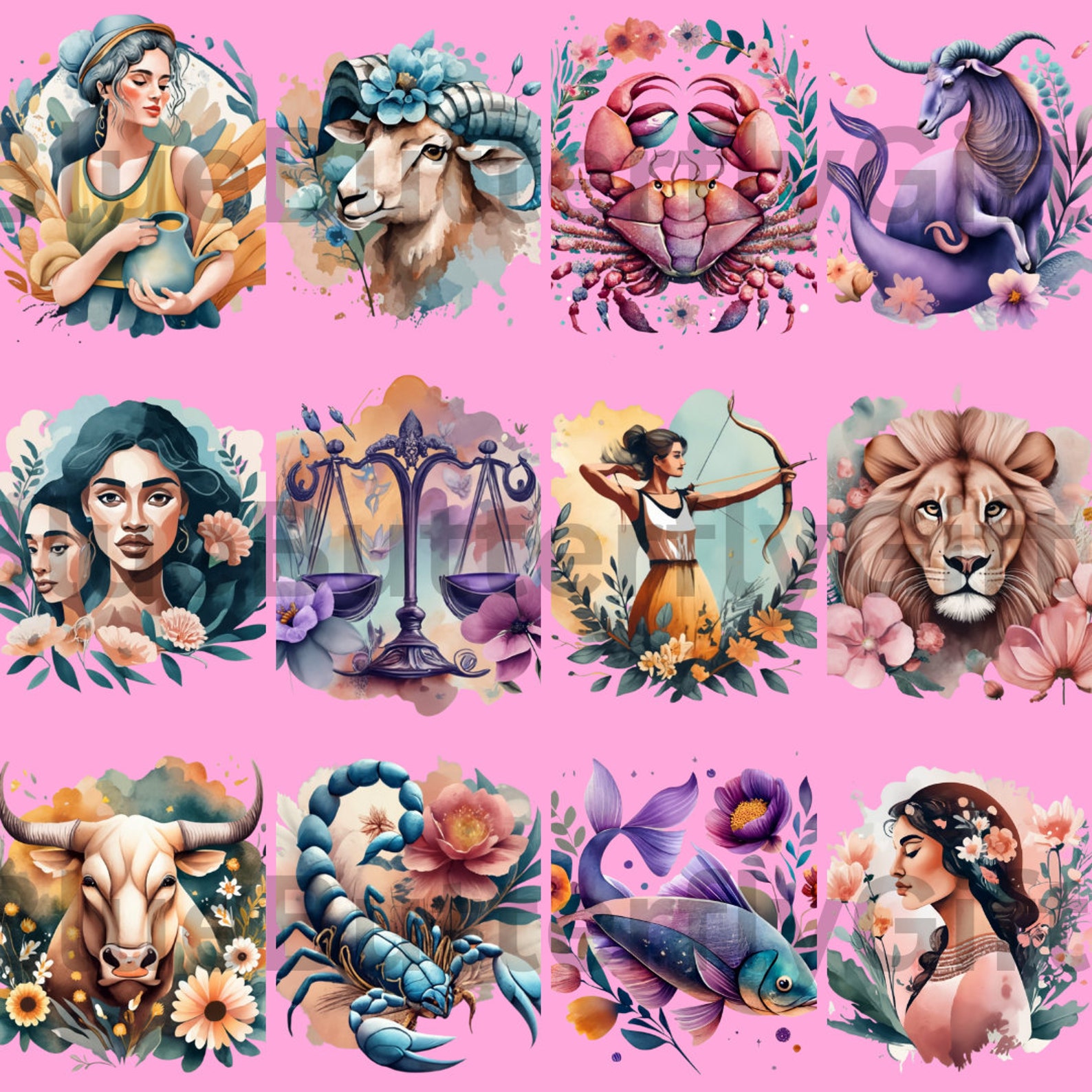 Zodiac Bundle PNG Sublimation Watercolor Horoscope Design Style Star ...