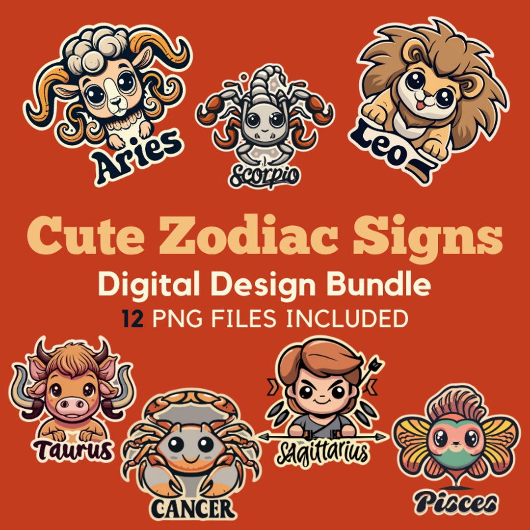 Zodiac Bundle PNG Sublimation Cute Horoscope Design Cartoon Style Star ...