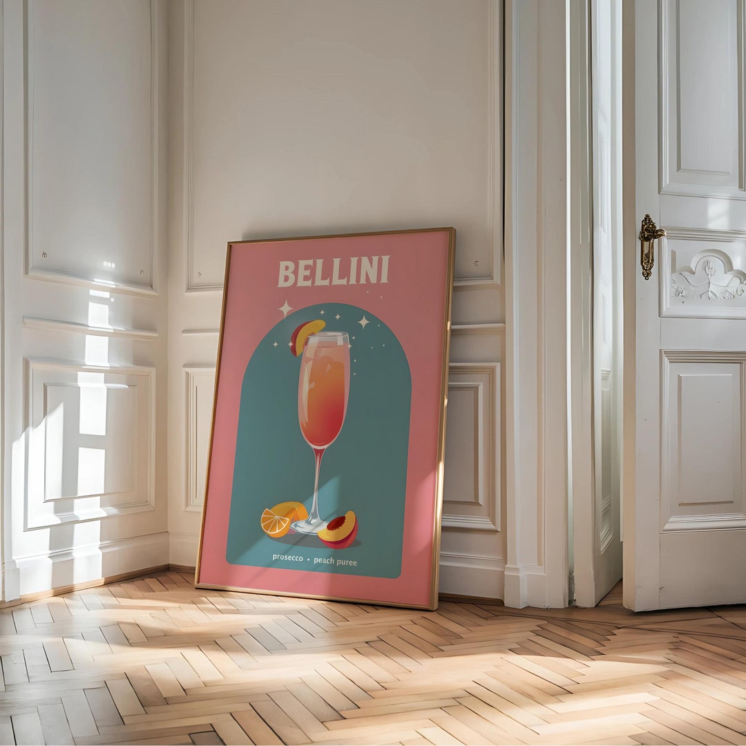 Bellini Cocktail Print, Prosecco Bar Art, Peach Bellini Poster, Retro ...