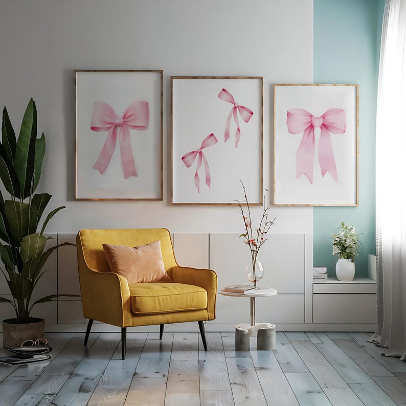 Girly Pink Bow Wall Art Set of 3 - Preppy Pastel Room Decor for Teen ...