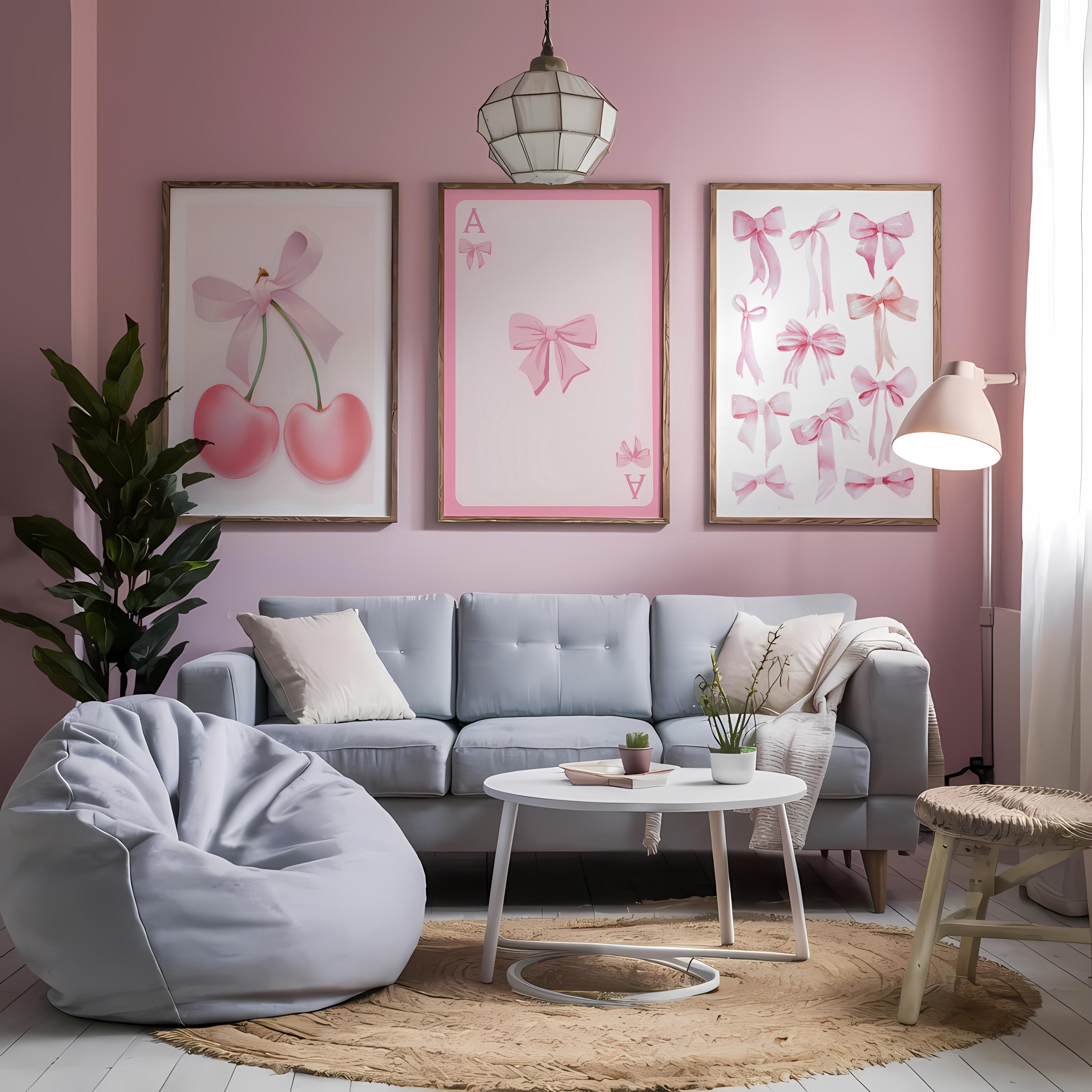 Pink Bow Wall Art Set of 3 - Preppy Aesthetic Decor for Teen Room ...