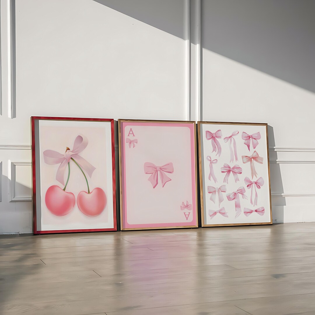 Pink Bow Wall Art Set of 3 - Preppy Aesthetic Decor for Teen Room ...