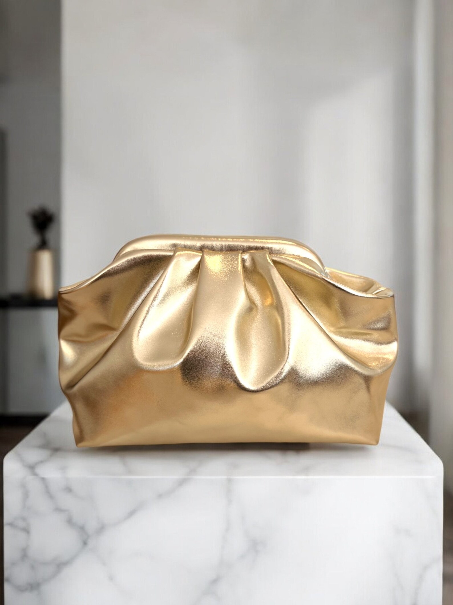 Bright Gold Metallic Evening Clutch, Glossy Statement Bag, Shiny ...